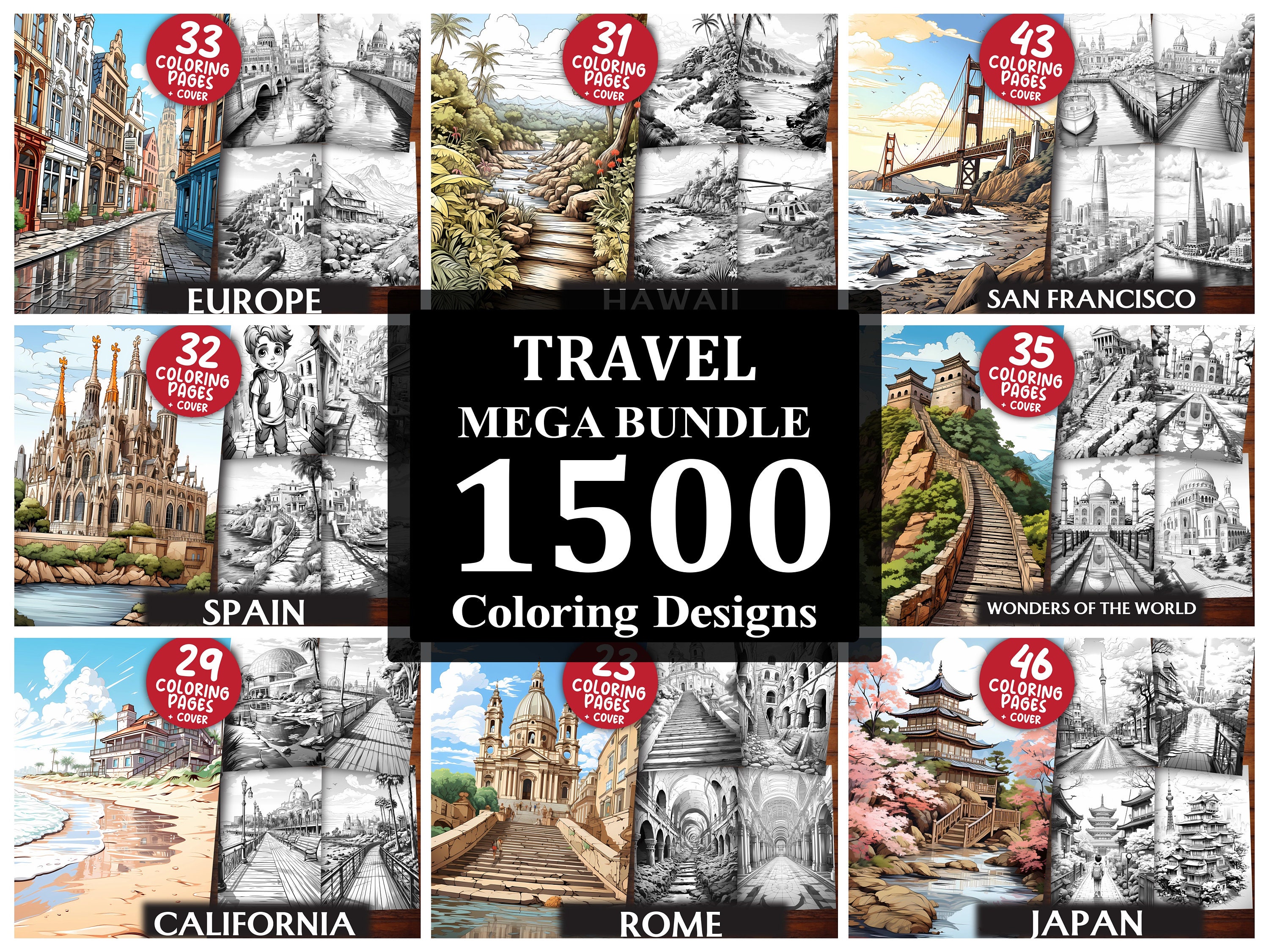 MEGA BUNDLE World Travel Coloring Pages for Adults and Kids 1500 ...