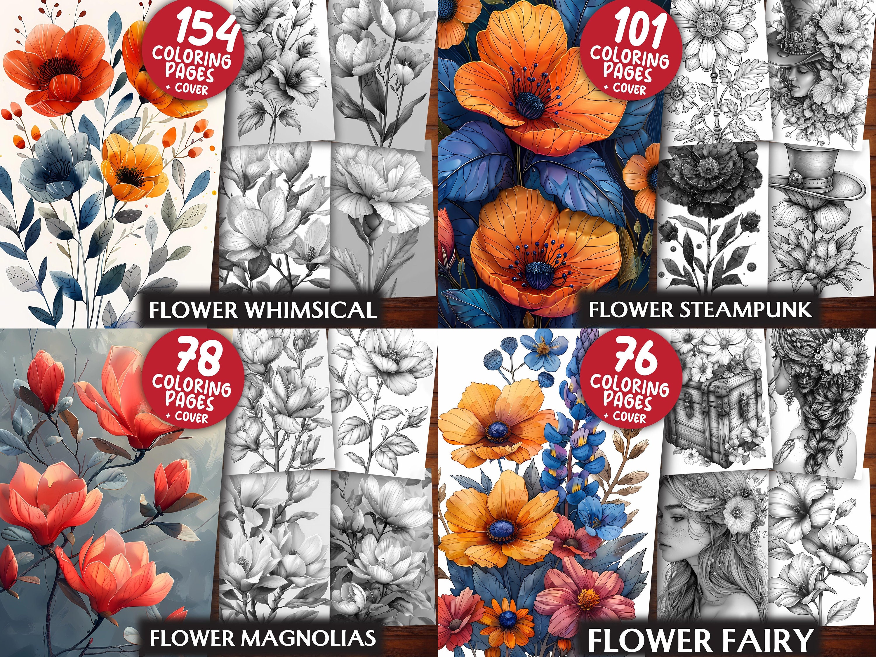 MEGA BUNDLE - Flower Coloring Pages for Adults and for Kids - 3000 ...