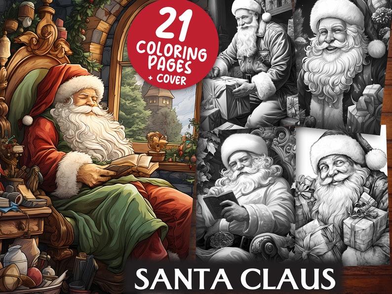 Santa Claus Coloring Pages for Adults and for Kids 21 Grayscale & Light ...