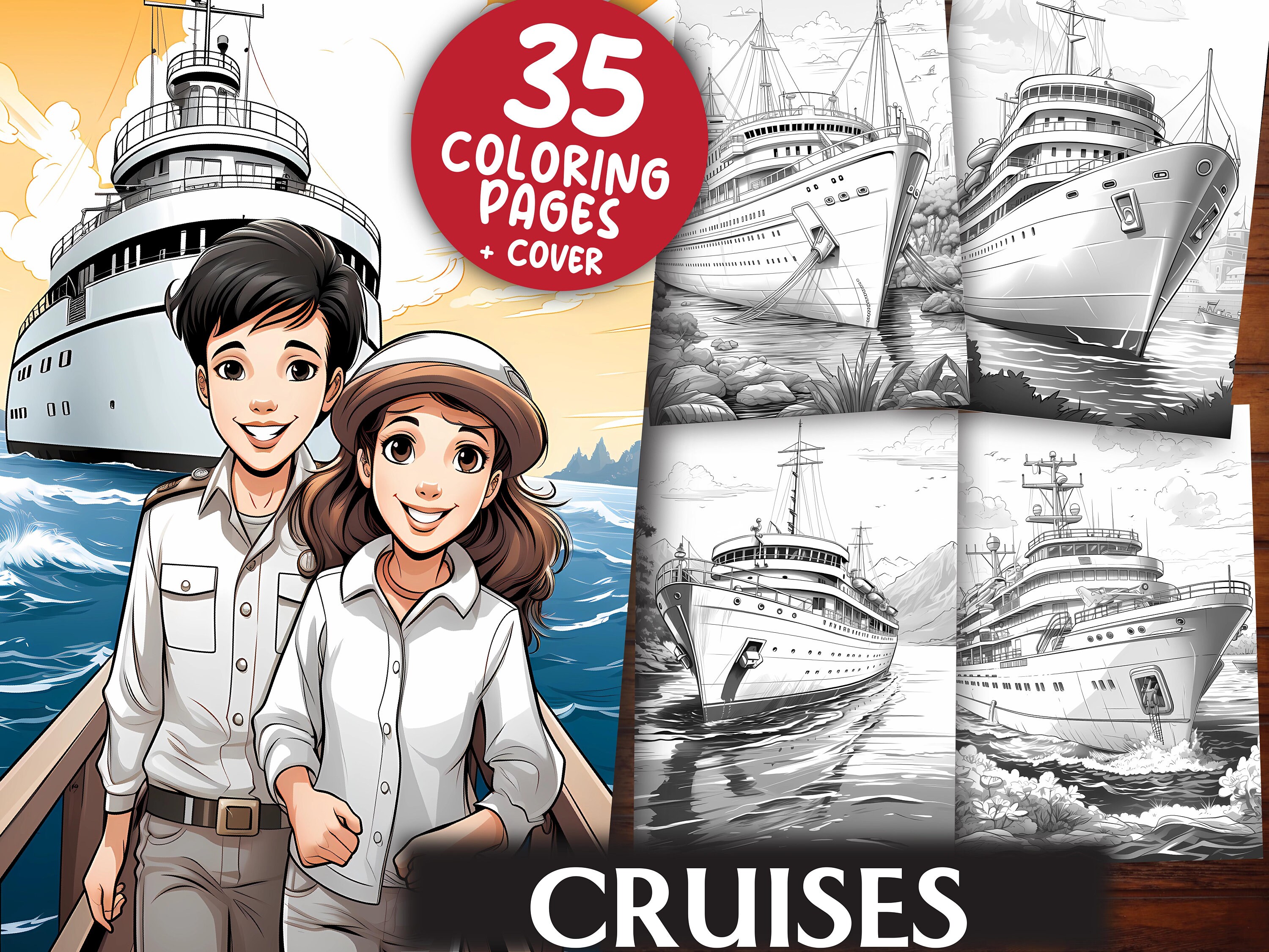 Cruise Travel Coloring Pages for Adults and Kids 35 Ship Grayscale ...