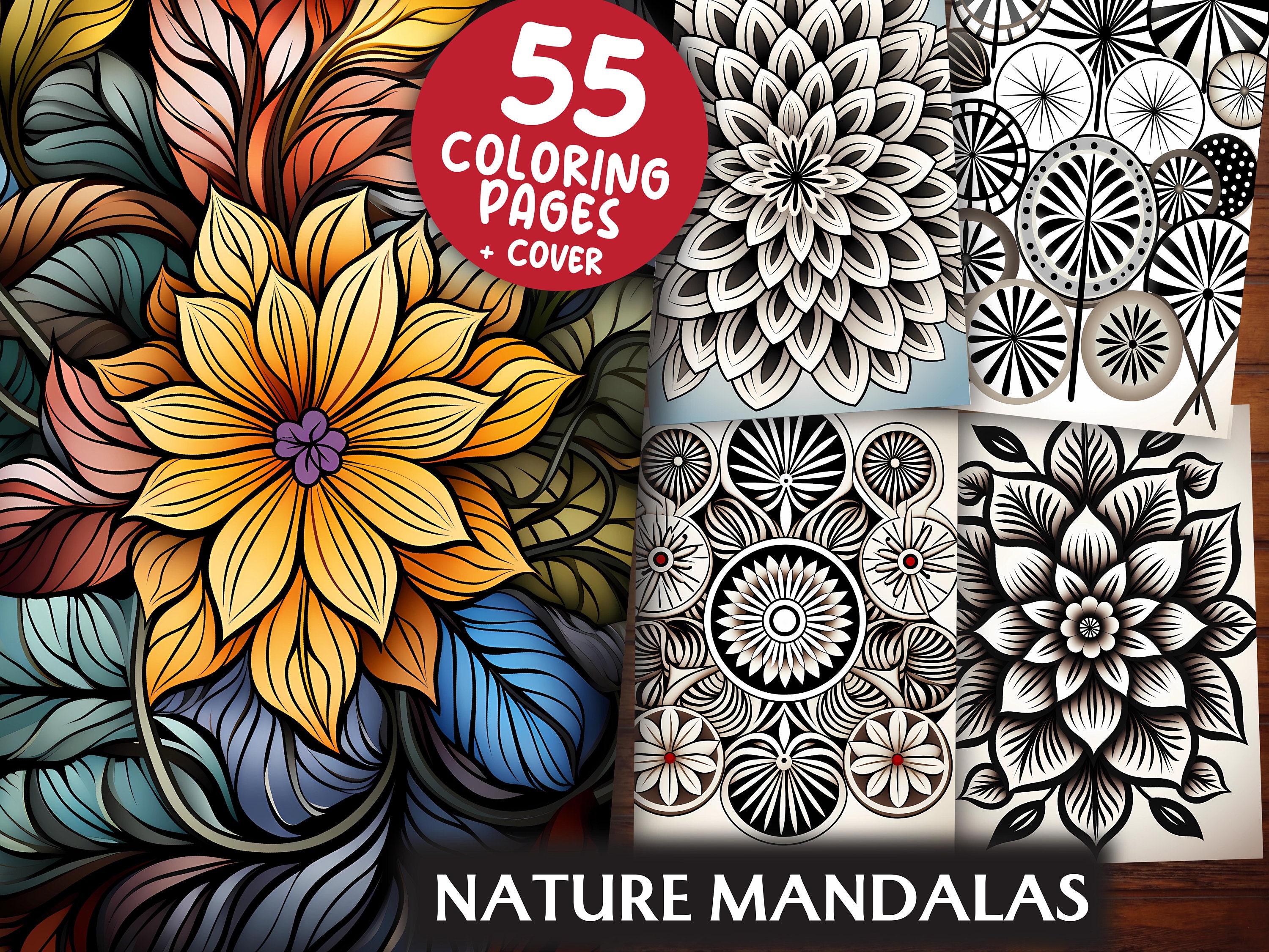 Nature Mandala Coloring Pages for Adults and for Kids 55 Grayscale ...