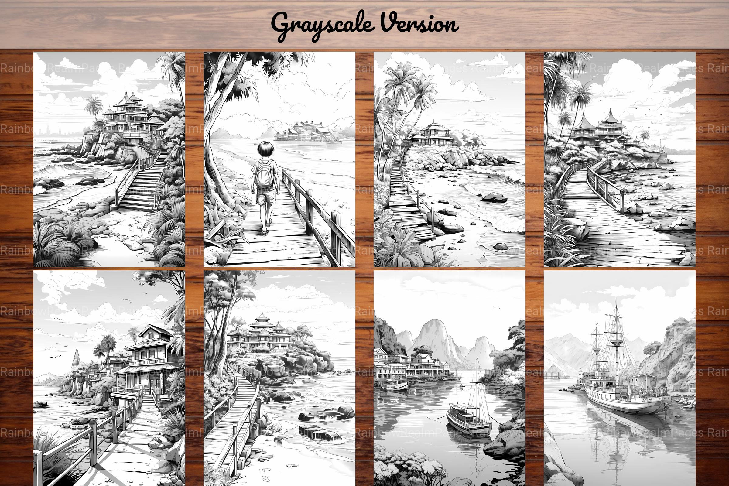 Asia Travel Coloring Pages for Adults and Kids 108 Geography Grayscale ...