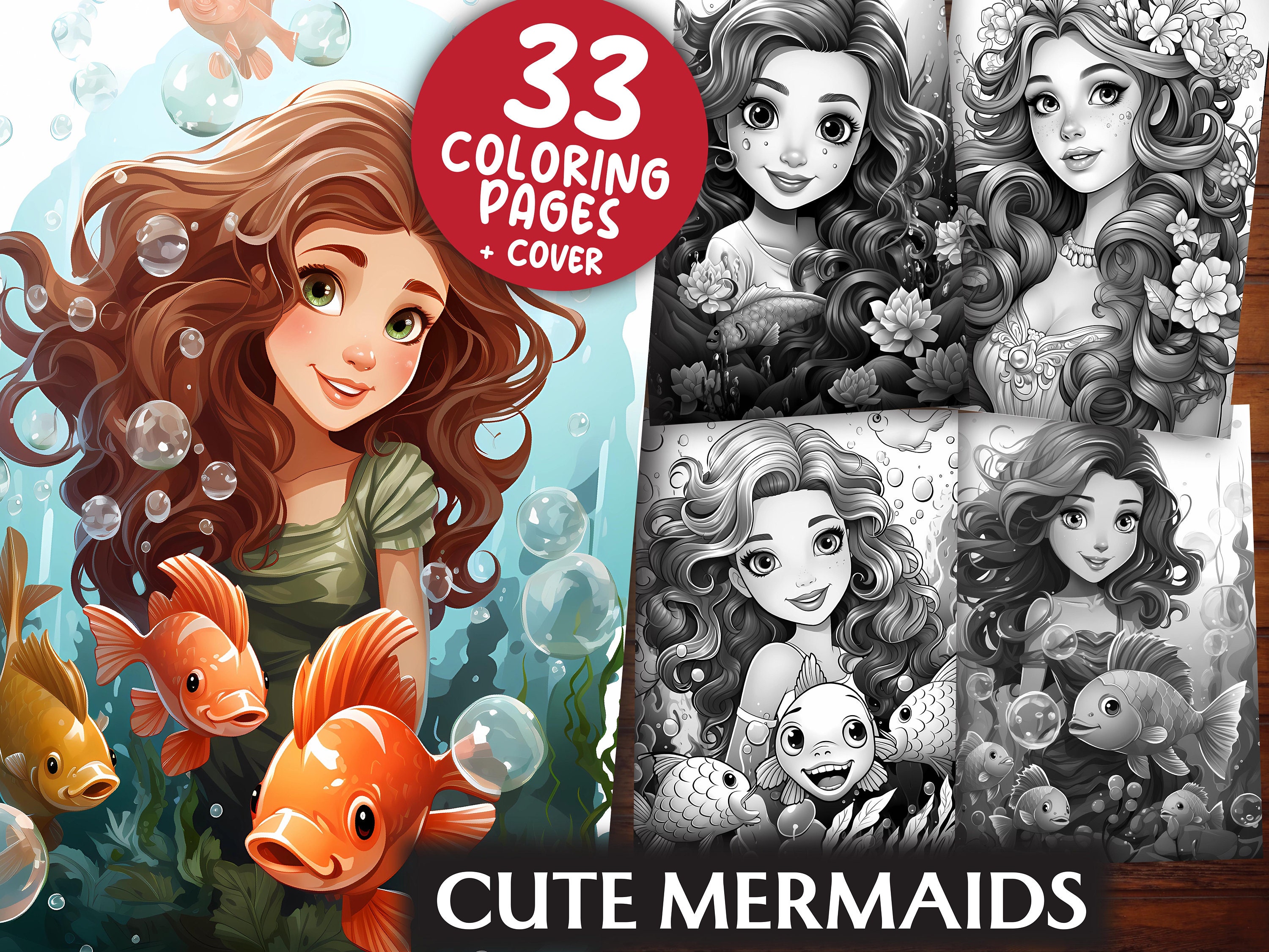 Cute Mermaids Coloring Pages for Adults and for Kids 33 Grayscale ...
