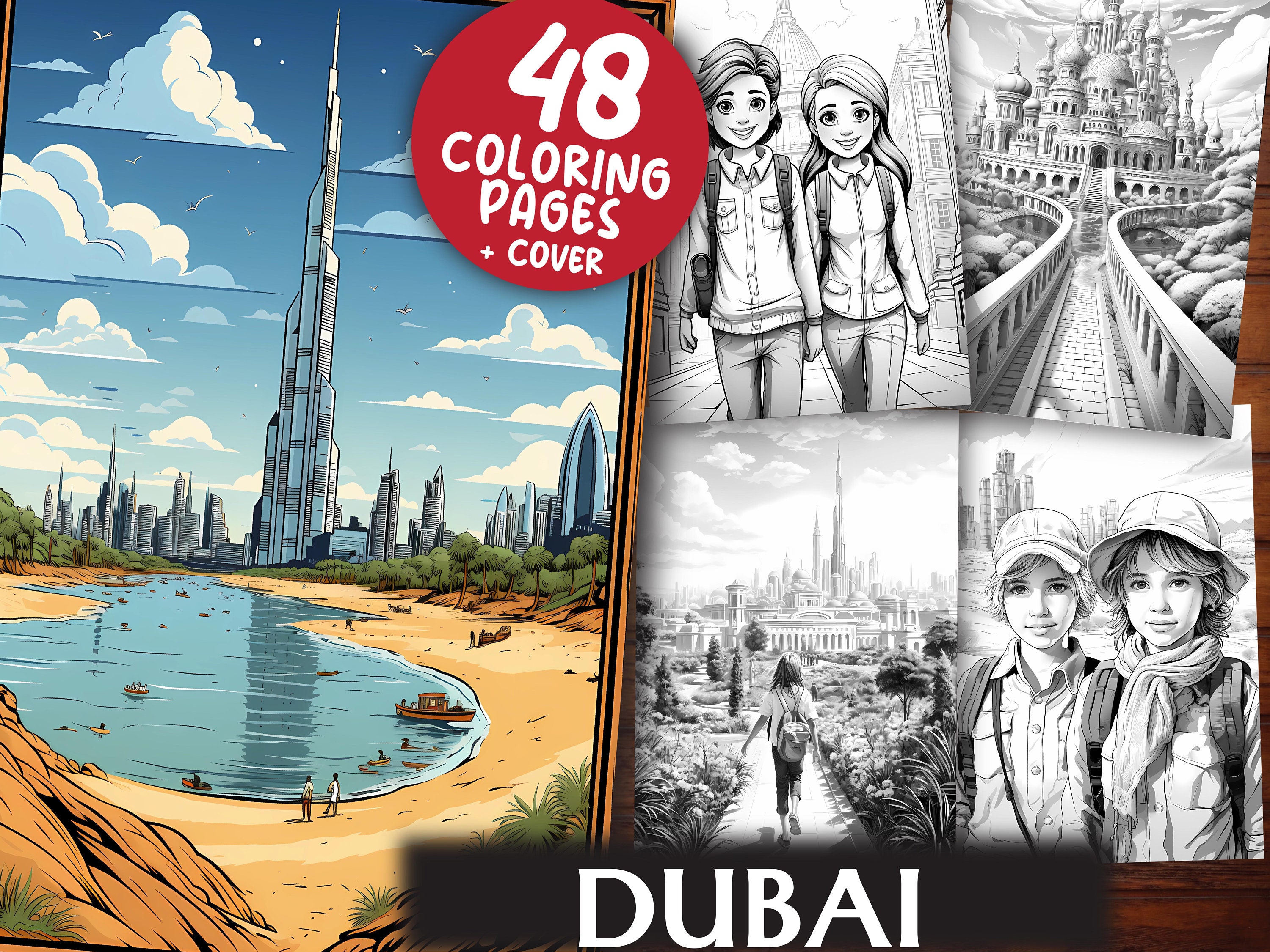 Dubai Travel Coloring Pages for Adults and Kids 48 Geography Grayscale ...