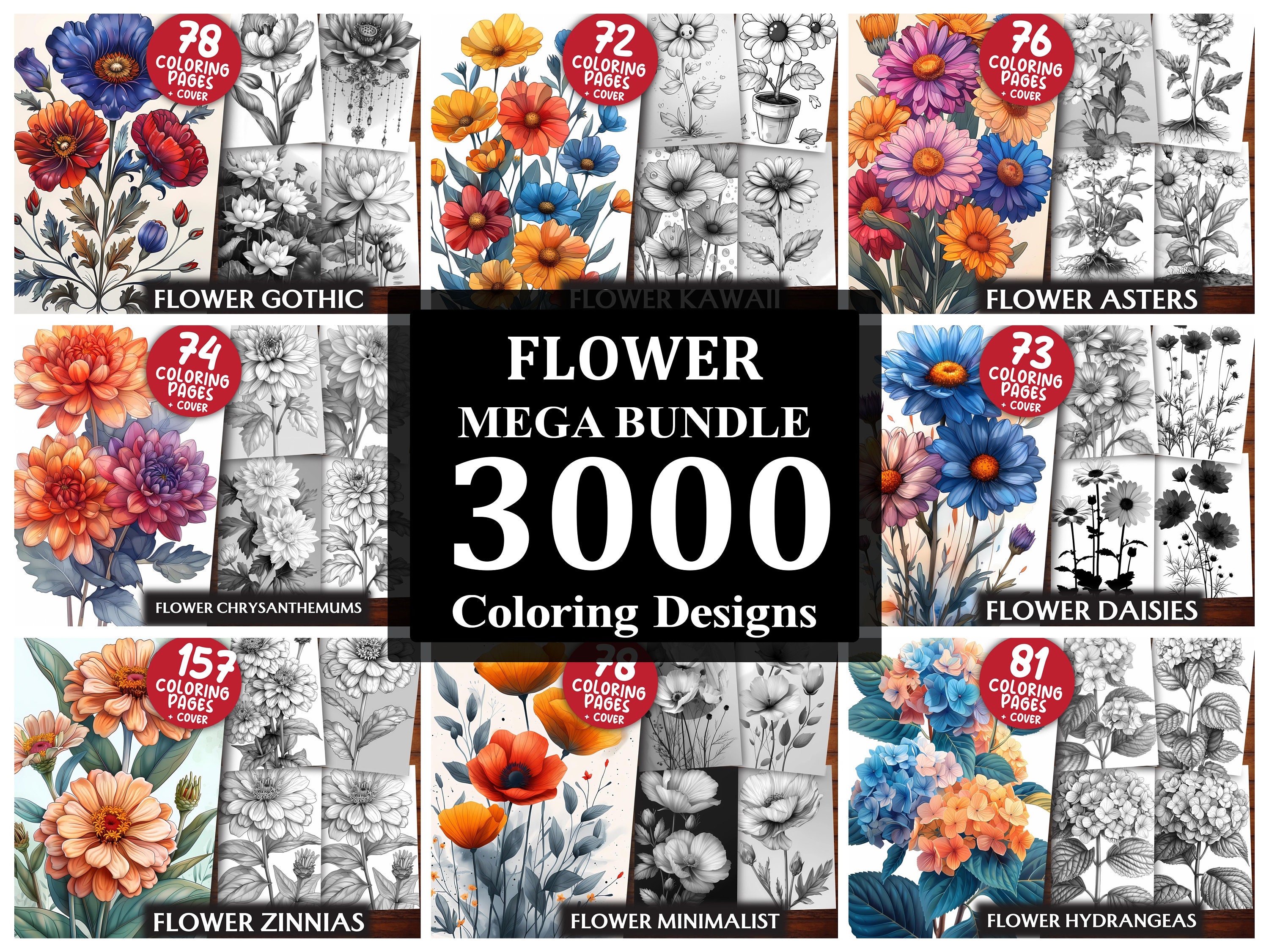 MEGA BUNDLE Flower Coloring Pages for Adults and for Kids 3000 Floral ...