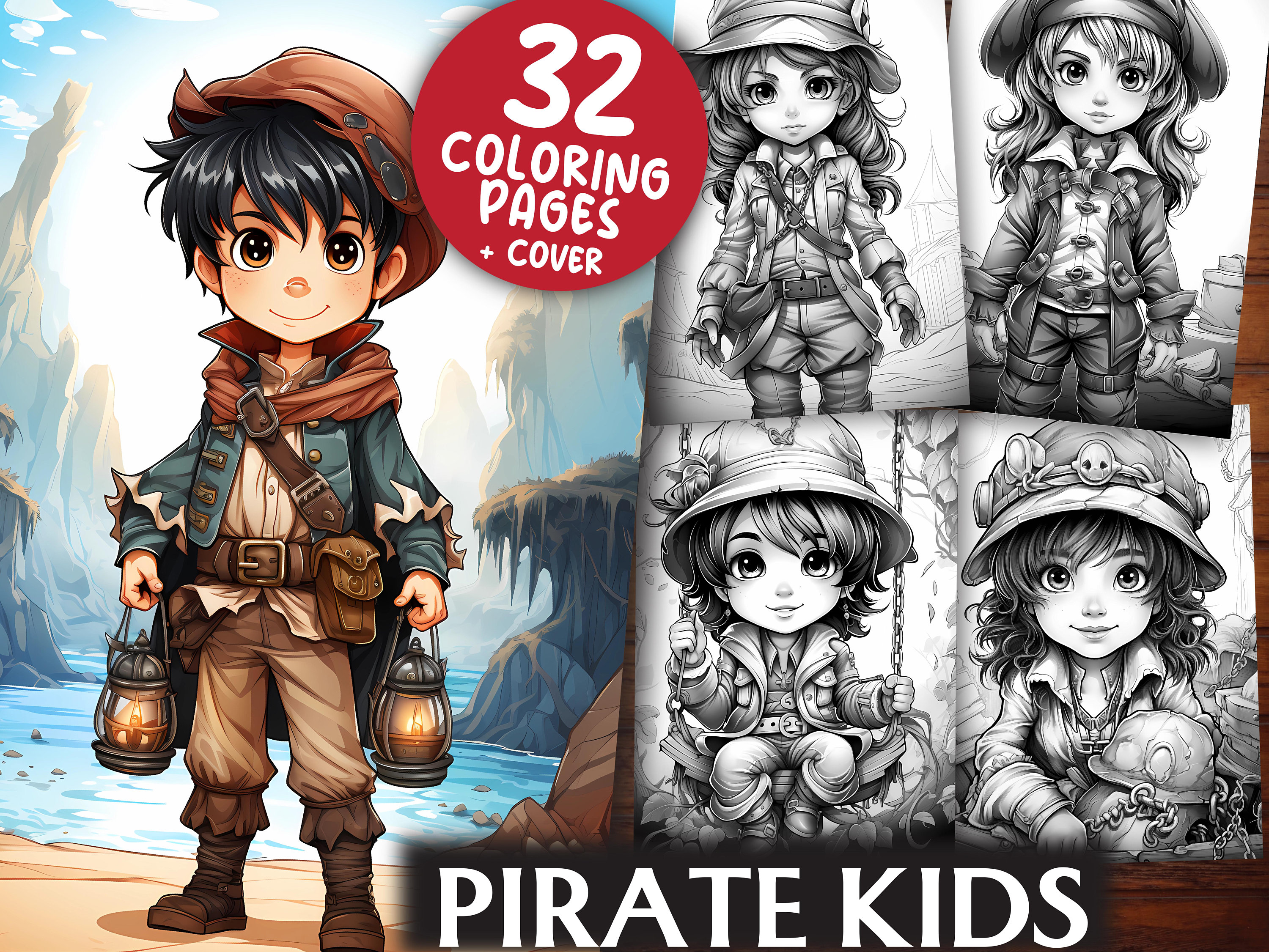 Pirate Kids Coloring Pages for Adults and for Kids 32 Grayscale & Light ...