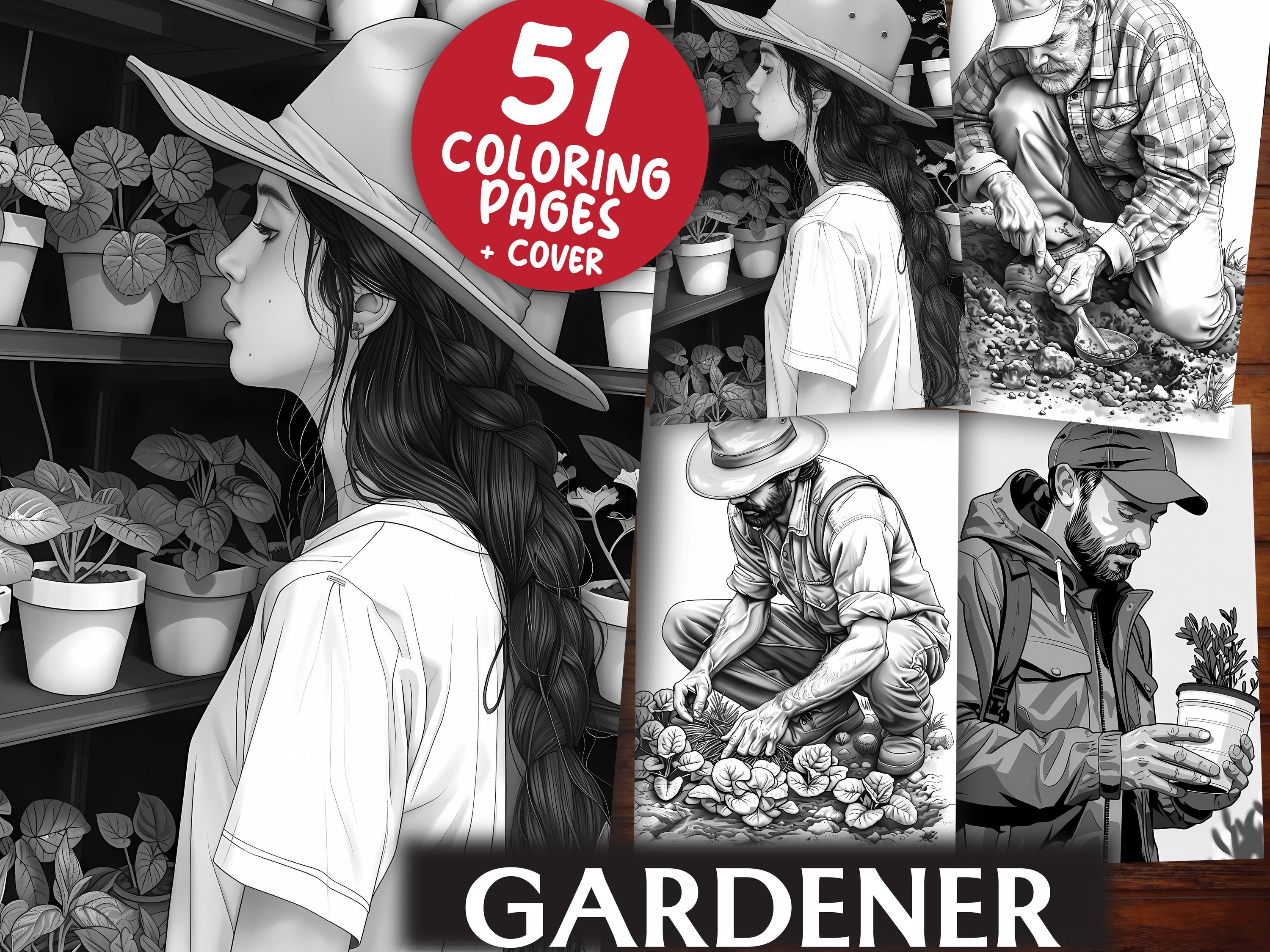 Gardener Coloring Pages for Adults and for Kids - 51 Grayscale & Light ...