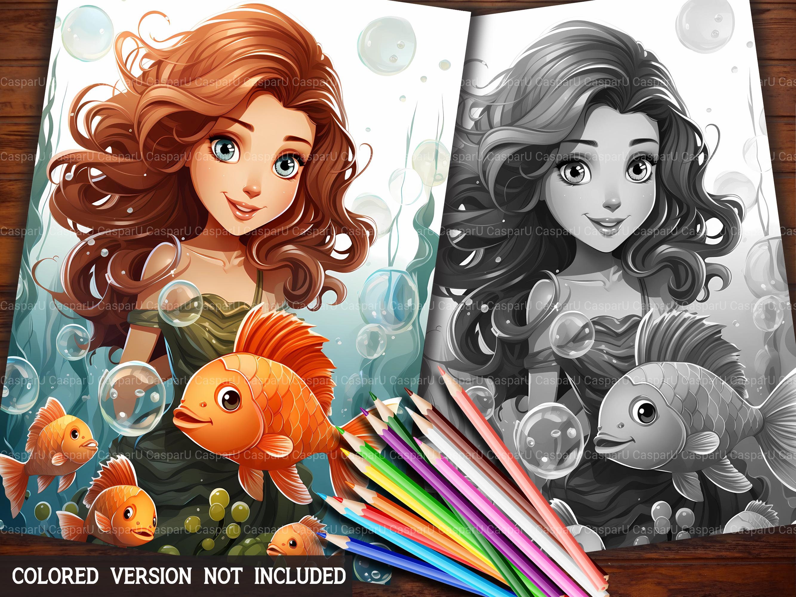 Cute Mermaids Coloring Pages for Adults and for Kids 33 Grayscale ...