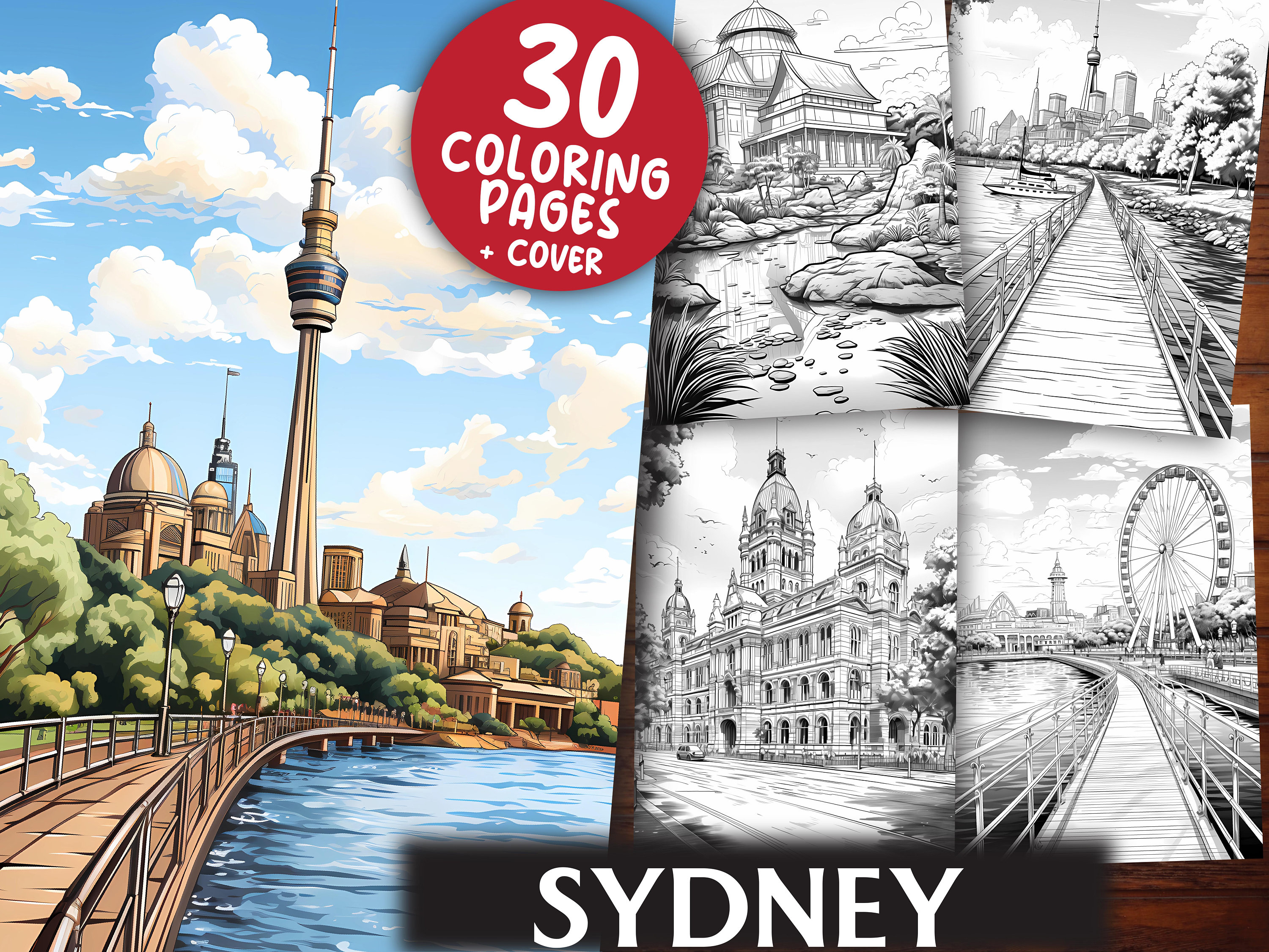Sydney Travel Coloring Pages for Adults and Kids 30 Geography Grayscale ...