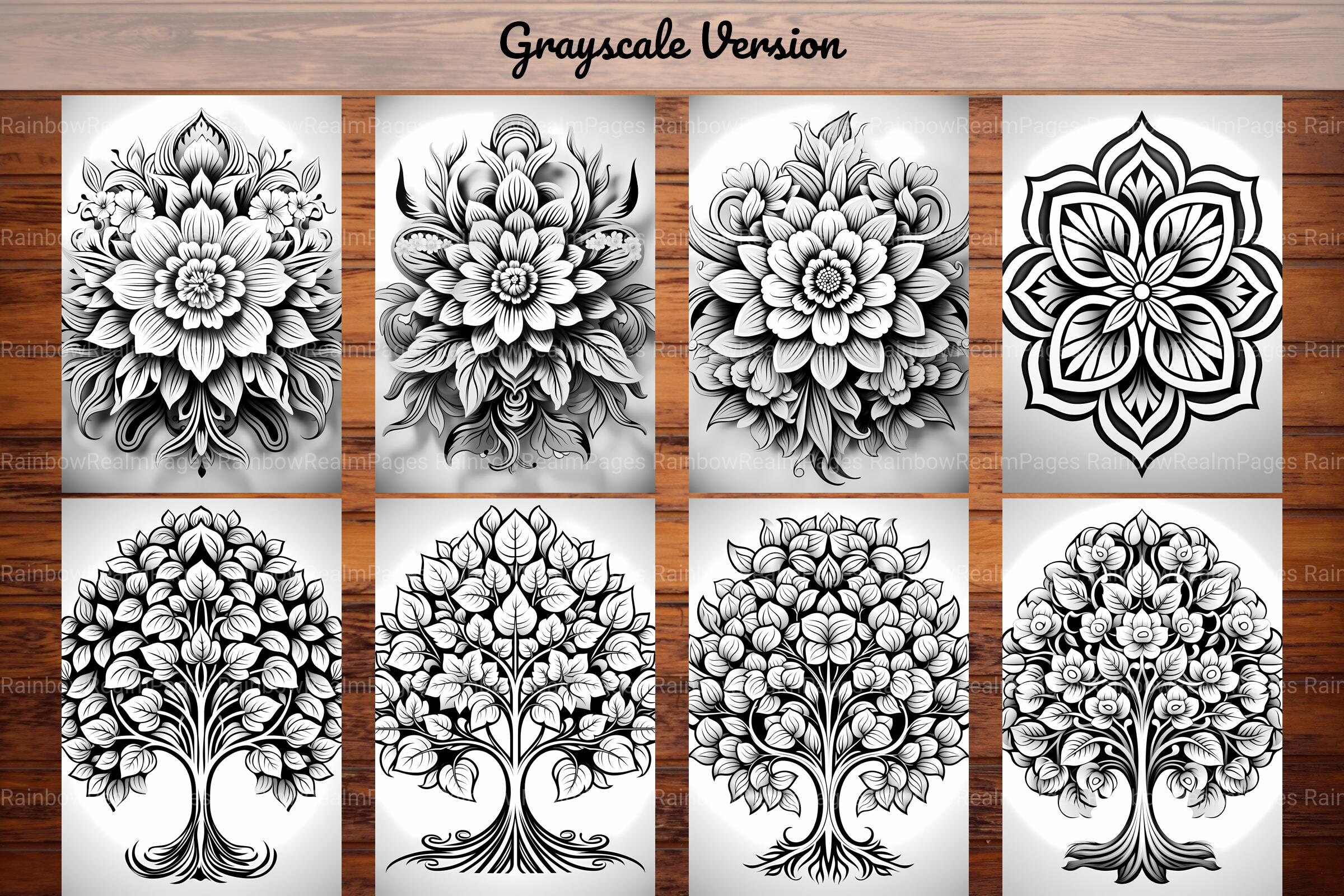 Fantasy Mandala Coloring Pages for Adults and for Kids - 75 Grayscale ...