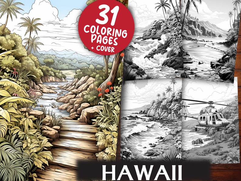 Hawaii Travel Coloring Pages for Adults and Kids 31 Geography Grayscale ...