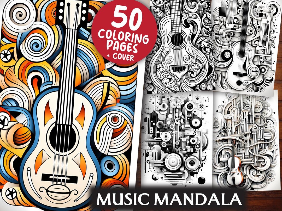 Music Mandala Coloring Pages for Adults and for Kids - 50 Grayscale ...