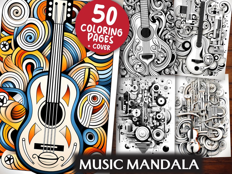 Music Mandala Coloring Pages for Adults and for Kids 50 Grayscale ...