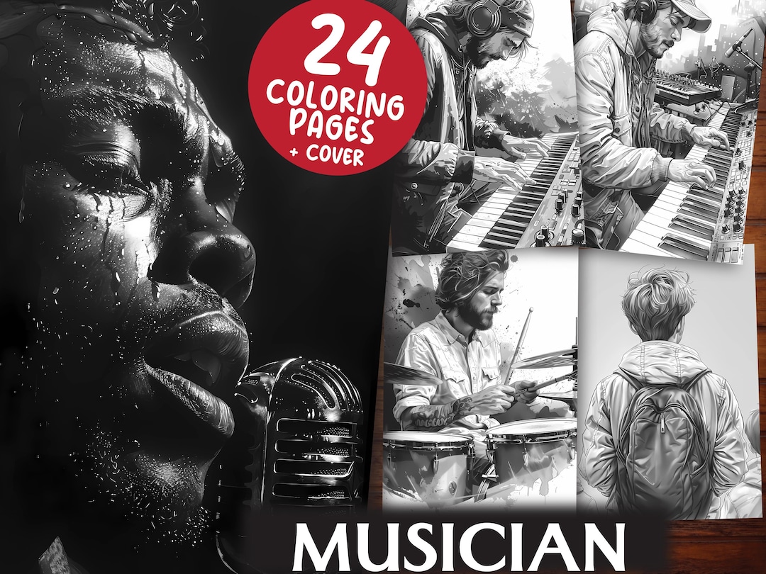 Musician Coloring Pages for Adults and for Kids - 24 Grayscale & Light ...