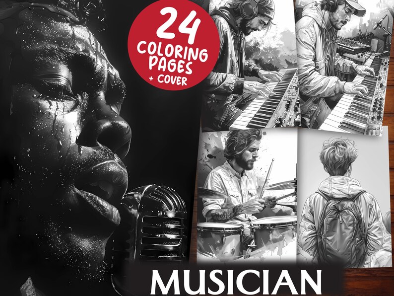 Musician Coloring Pages for Adults and for Kids - 24 Grayscale & Light ...