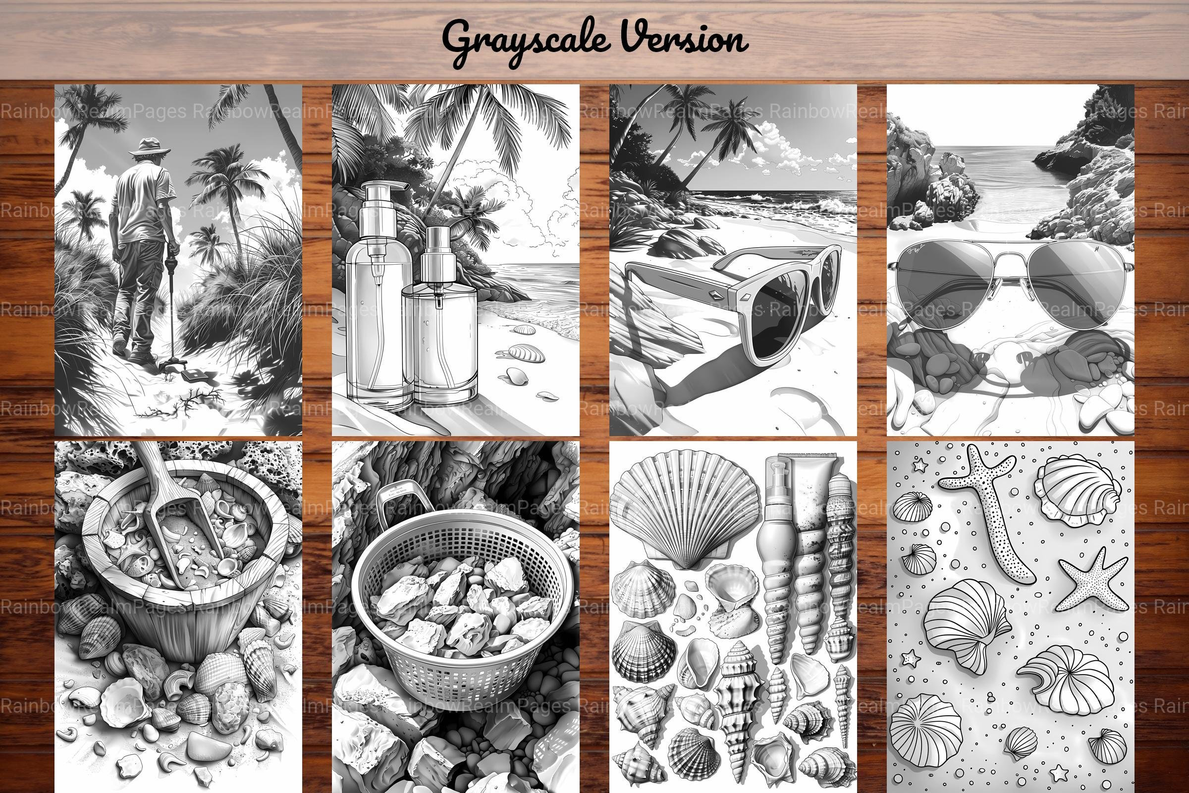 Beachcombing Coloring Pages for Adults and for Kids - 38 Grayscale ...