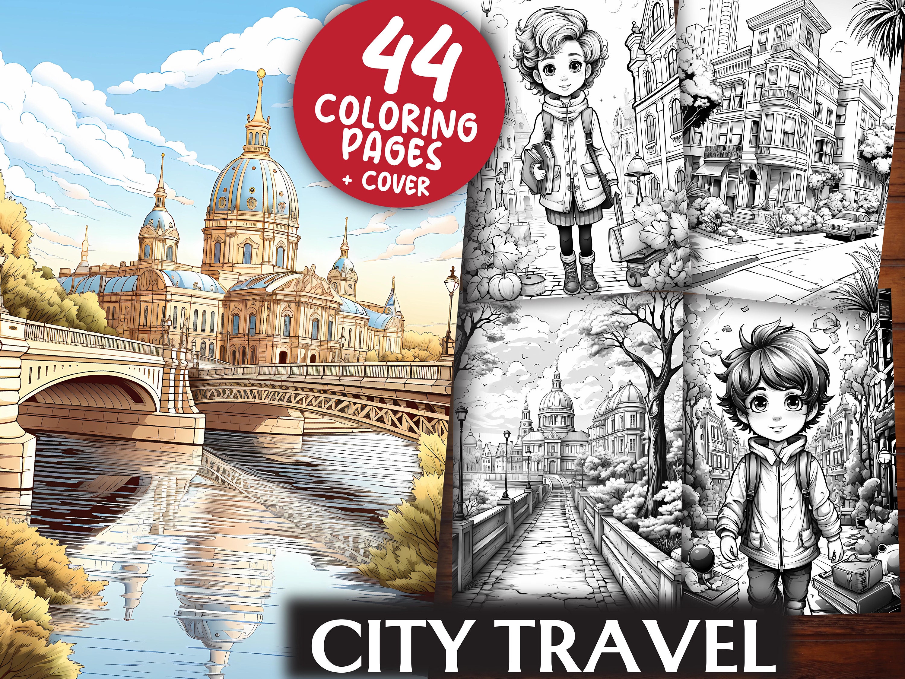 City Travel Coloring Pages for Adults and Kids - 44 Geography Grayscale ...
