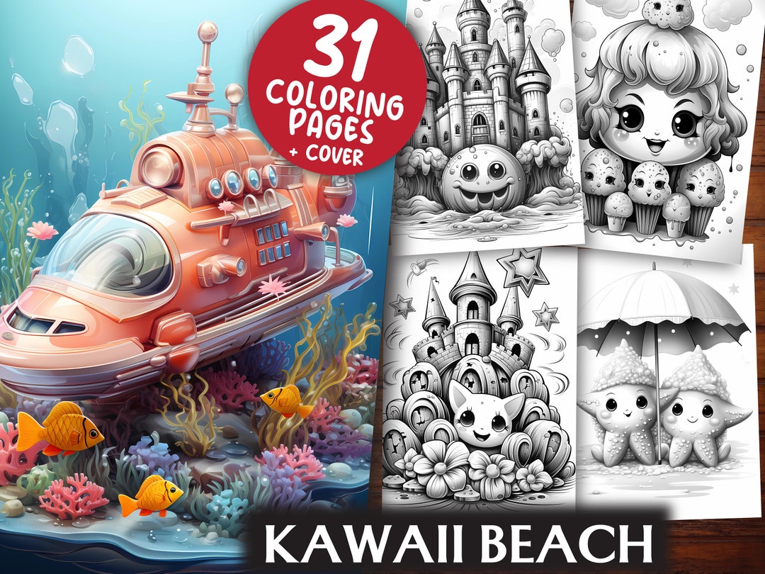 Kawaii Beach Coloring Pages for Adults and Kids - 31 Animal Grayscale ...