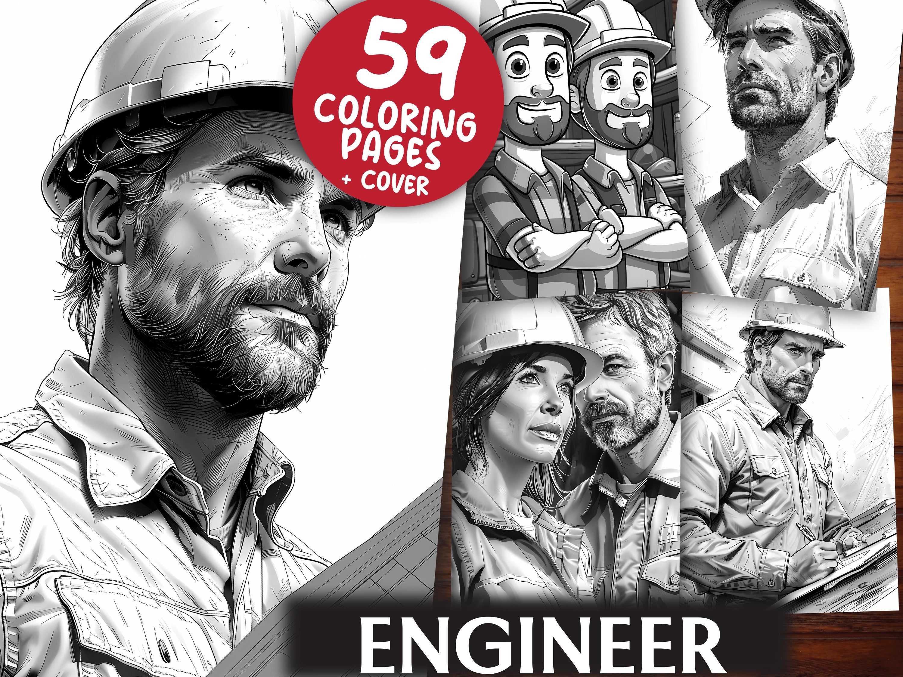 Engineer Coloring Pages for Adults and for Kids - 59 Grayscale & Light ...