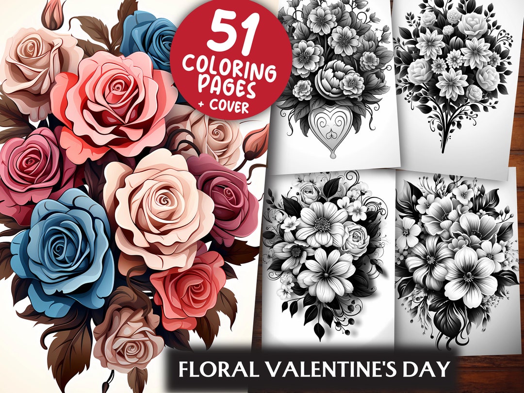 Floral Valentine's Day Coloring Pages for Adults and Kids 51 Flower ...