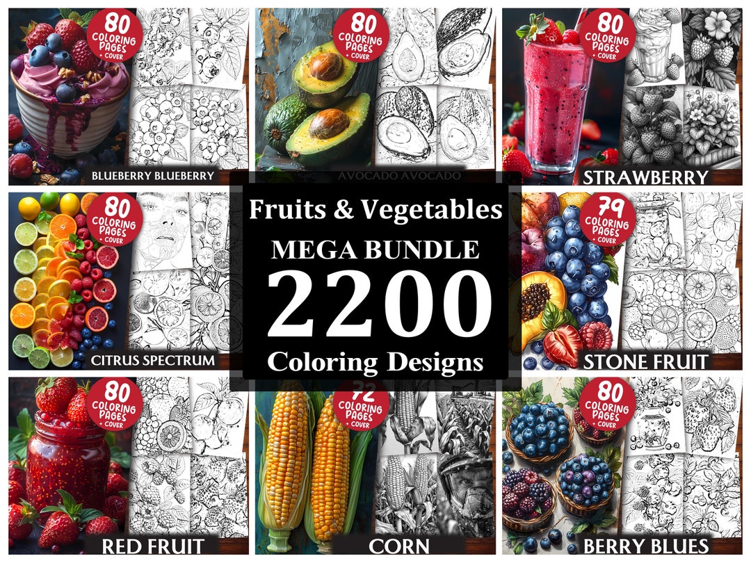 MEGA BUNDLE - Fruits and Vegetables Coloring Pages for Adults and for ...
