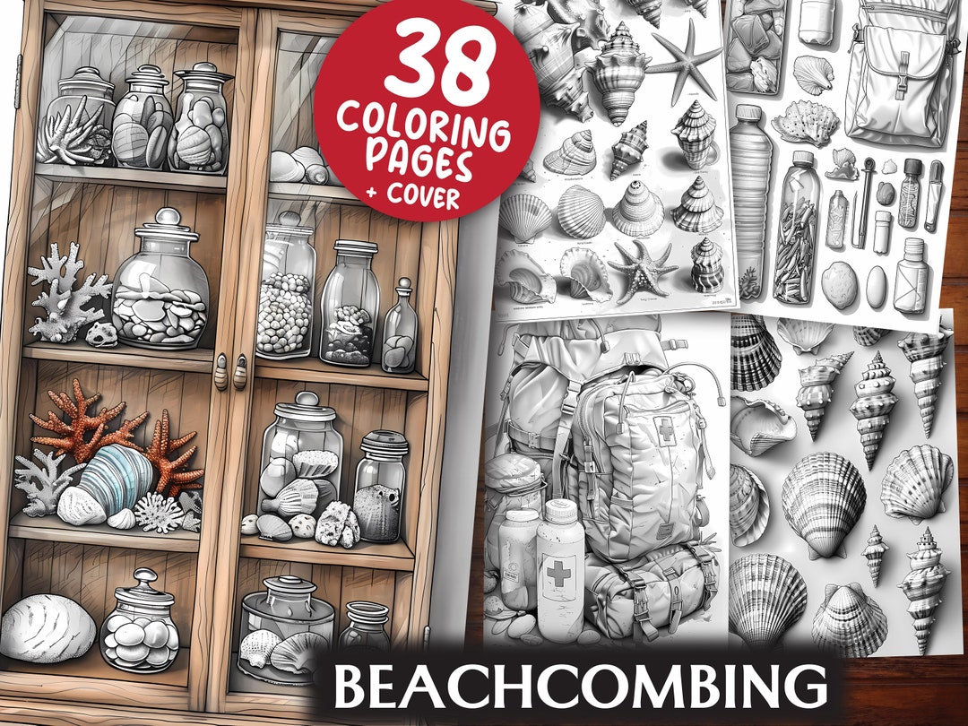 Beachcombing Coloring Pages for Adults and for Kids - 38 Grayscale ...