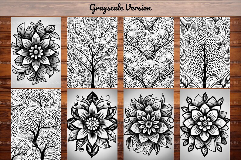 Nature Mandala Coloring Pages for Adults and for Kids 55 Grayscale ...