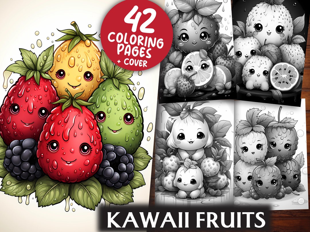 Kawaii Fruits Coloring Pages for Adults and Kids 42 Fruits Grayscale ...