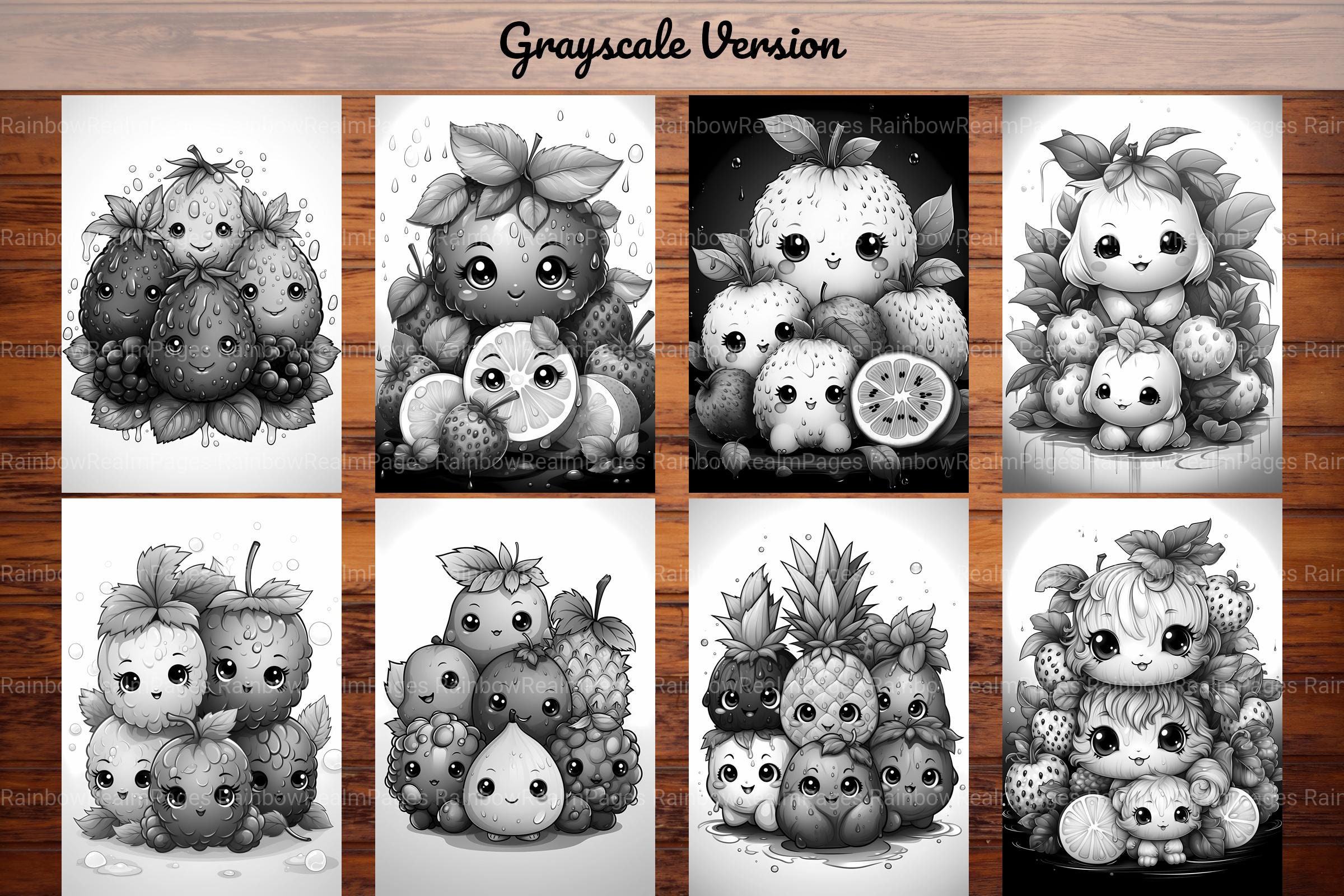 Kawaii Fruits Coloring Pages for Adults and Kids 42 Fruits Grayscale ...