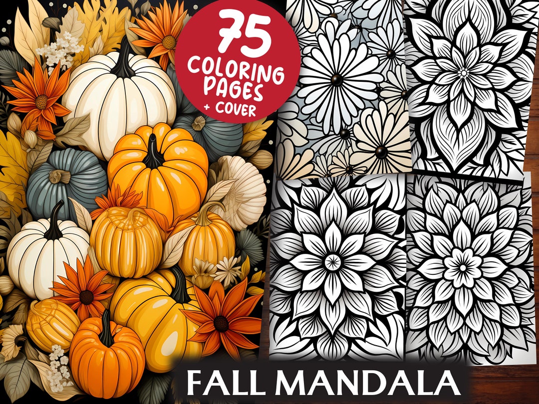 Fall Mandala Coloring Pages for Adults and for Kids 75 Grayscale ...
