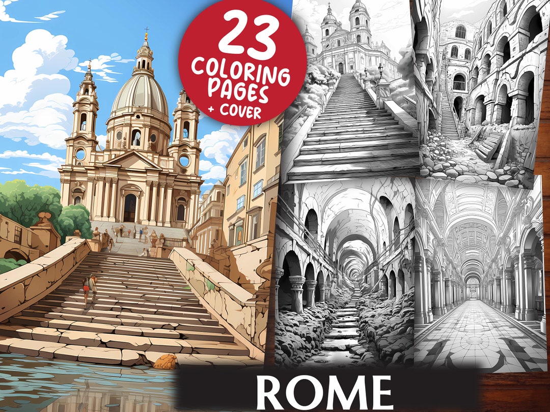 Rome Travel Coloring Pages for Adults and Kids - 23 Geography Grayscale ...