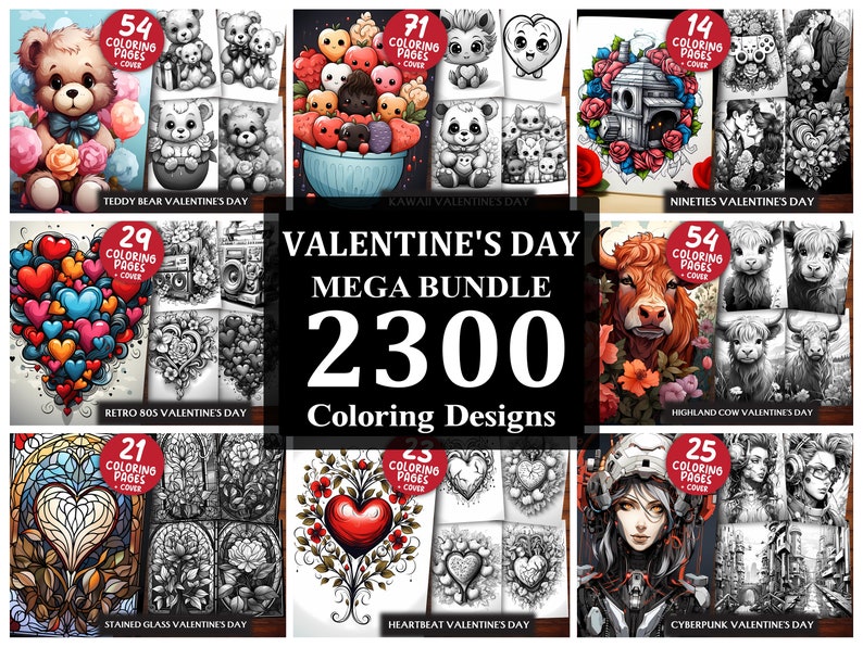 MEGA BUNDLE Valentine's Day Coloring Pages for Adults and Kids 2300 ...