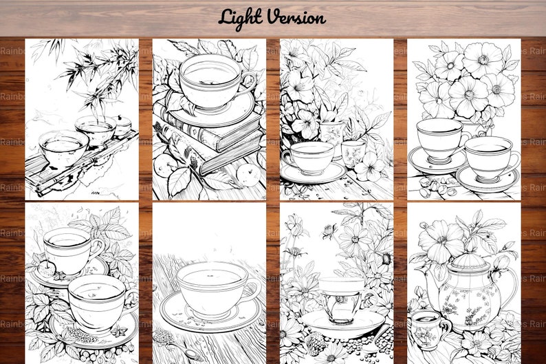 Tea Time Coloring Pages for Adults and for Kids - 35 Grayscale & Light ...