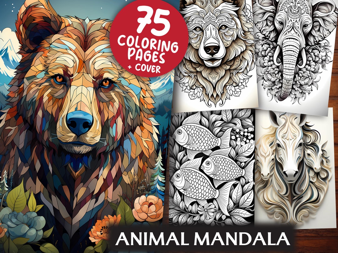 Animal Mandala Coloring Pages for Adults and for Kids - 75 Grayscale ...