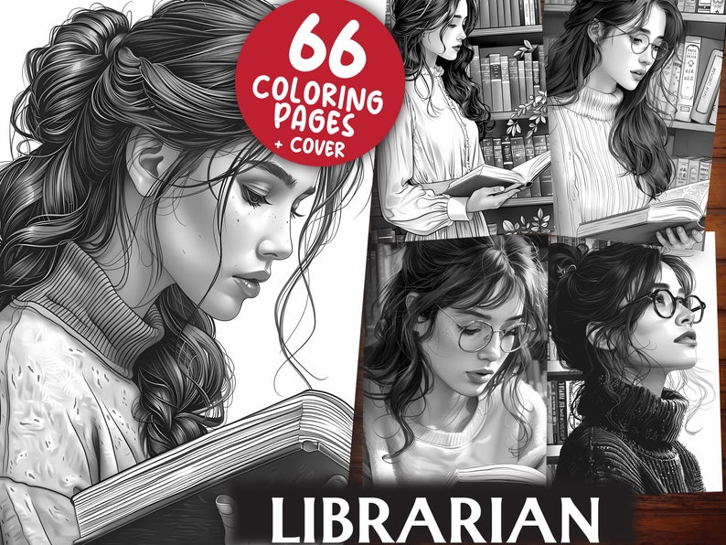 Librarian Coloring Pages for Adults and for Kids - 66 Grayscale & Light ...