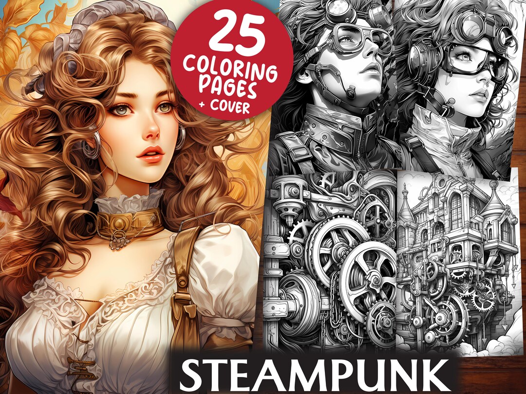 Steampunk Pages for Adults and Kids - 25 Victorian Art Grayscale ...