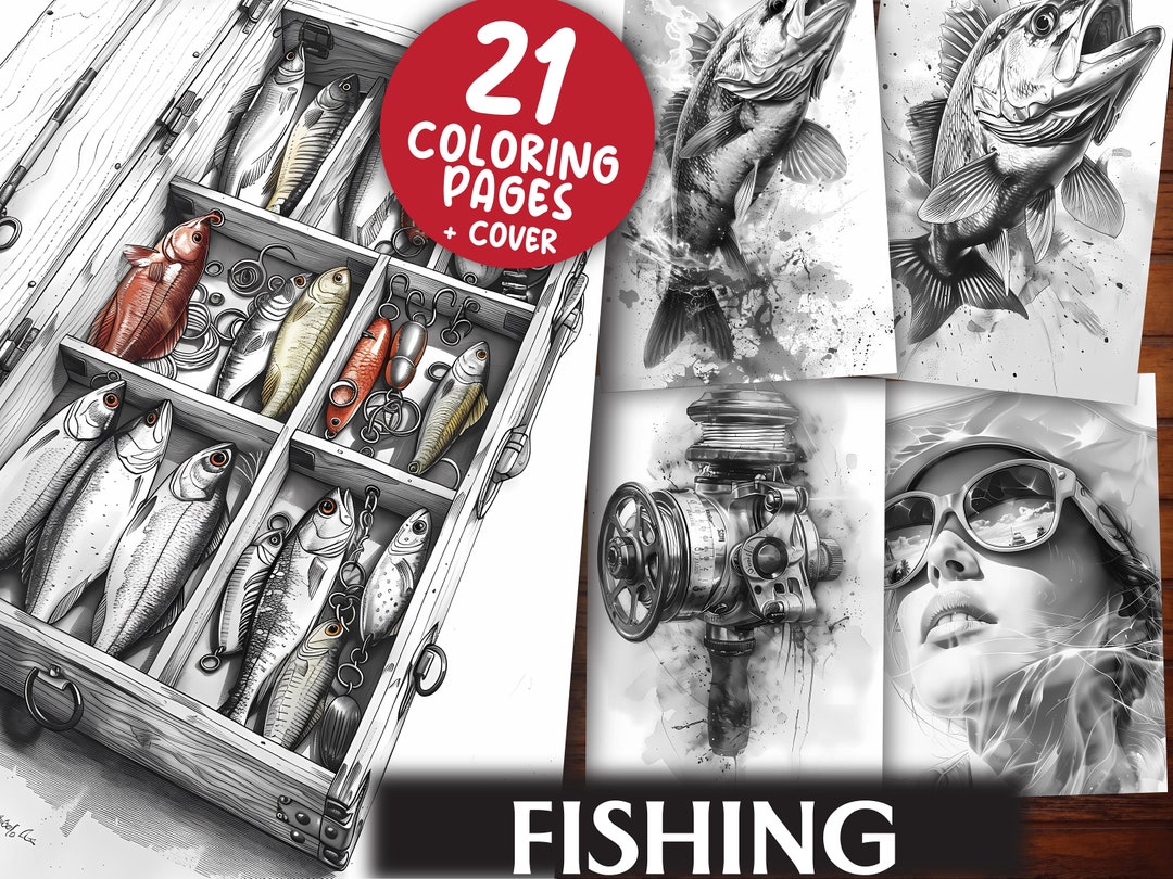 Fishing Coloring Pages for Adults and for Kids - 21 Grayscale & Light ...