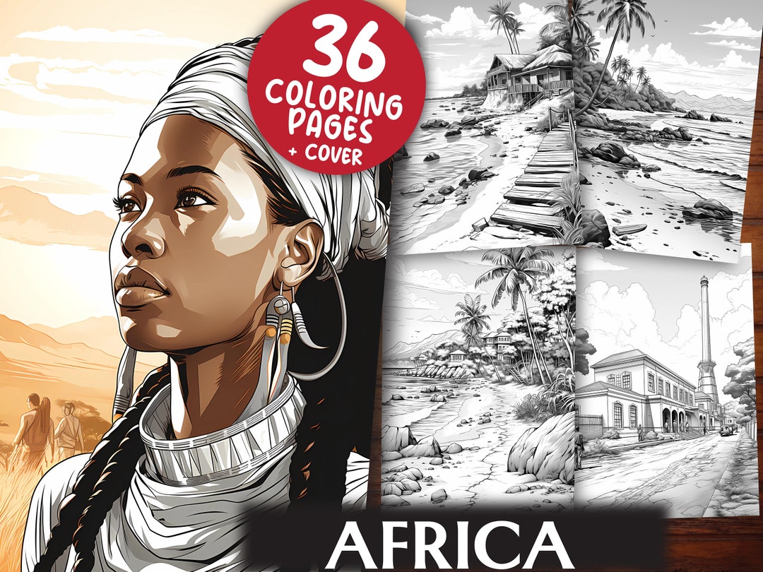 Africa Travel Coloring Pages for Adults and Kids 36 Geography Grayscale ...