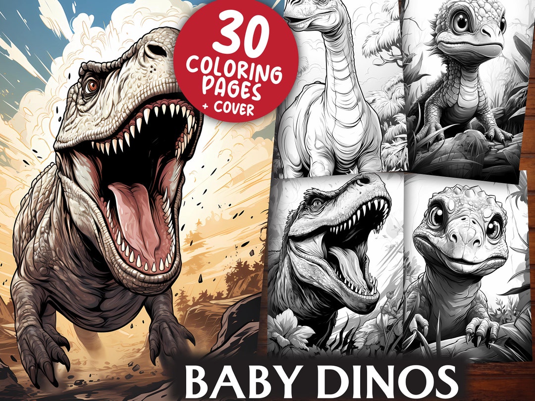 Dino Coloring Pages for Adults and for Kids - 30 Baby Dinos Grayscale ...