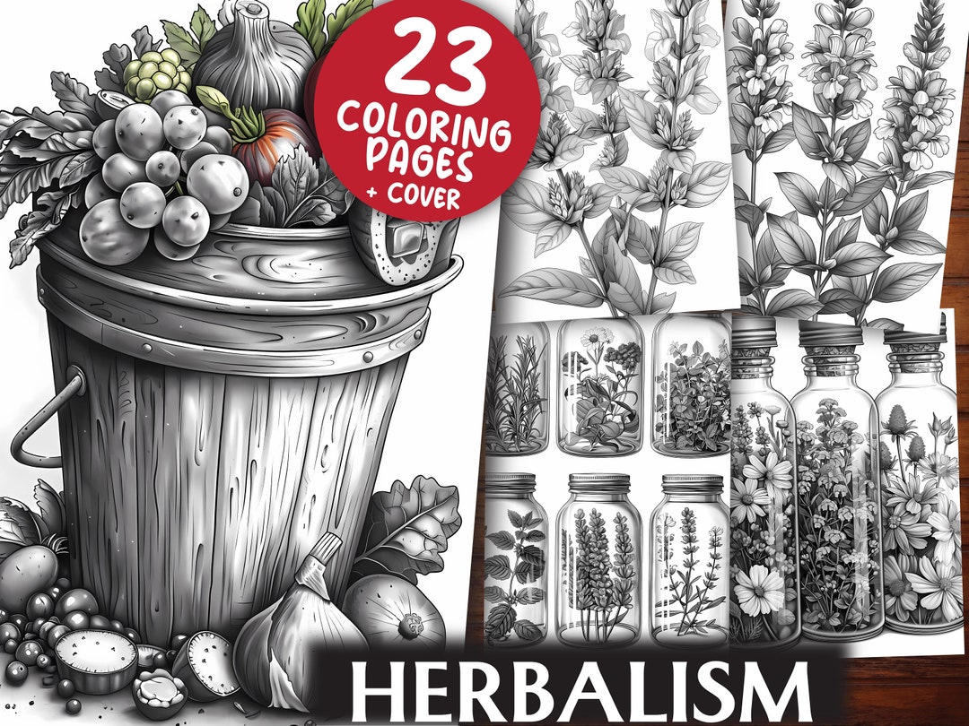 Herbalism Coloring Pages for Adults and for Kids 23 Grayscale & Light ...