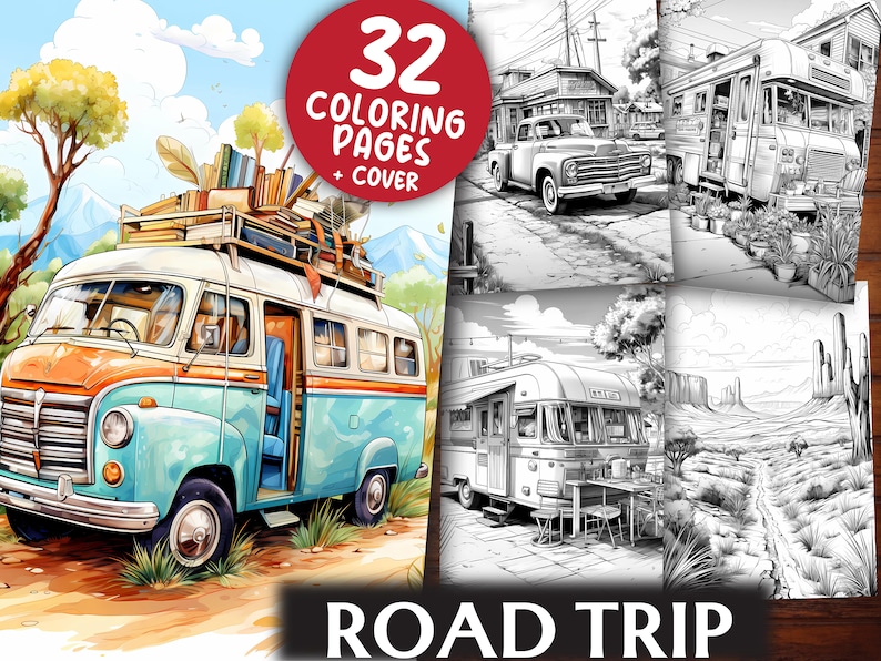Road Trip Coloring Pages for Adults and Kids 32 Geography Grayscale ...