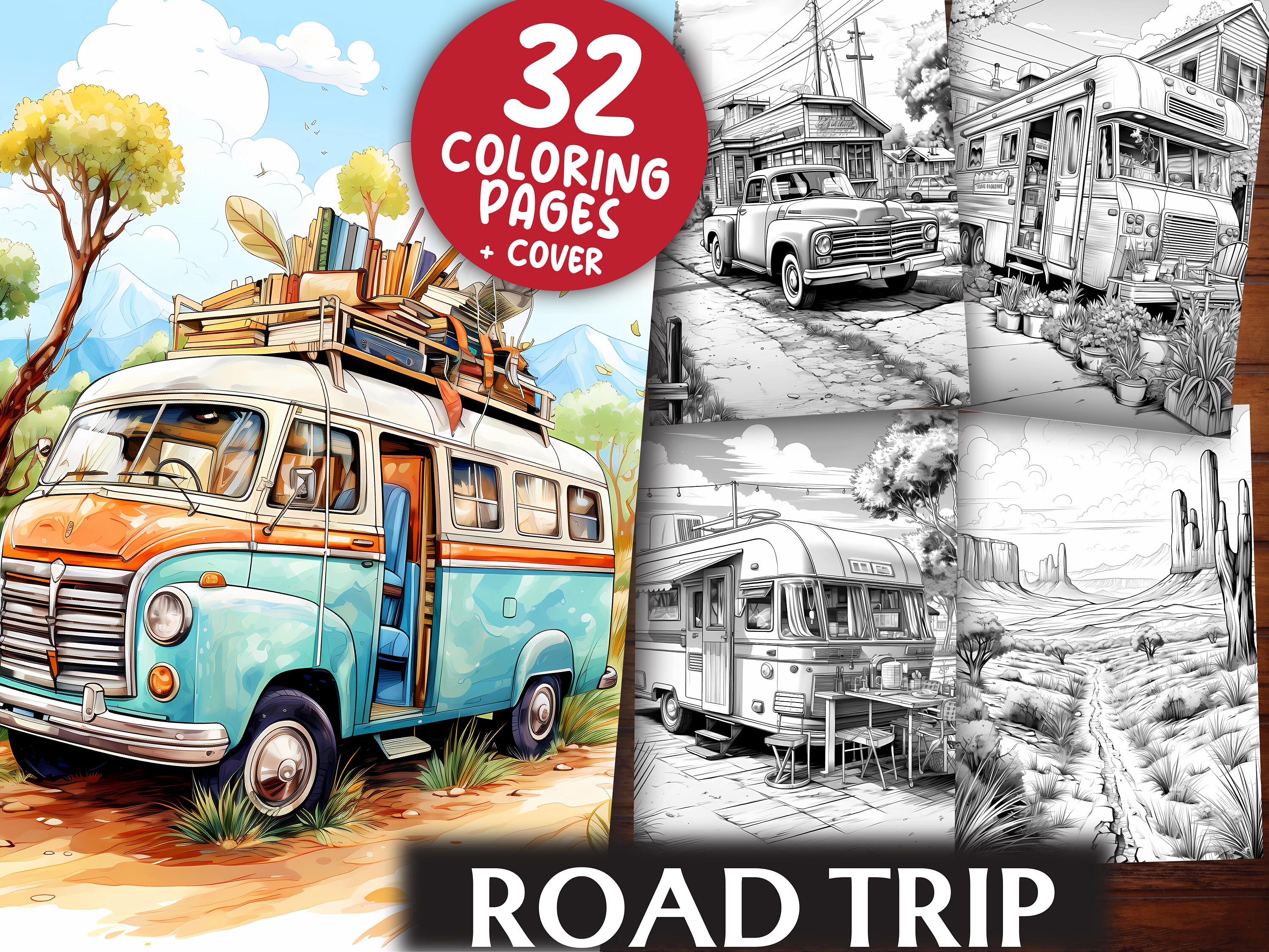 Road Trip Coloring Pages for Adults and Kids - 32 Geography Grayscale ...