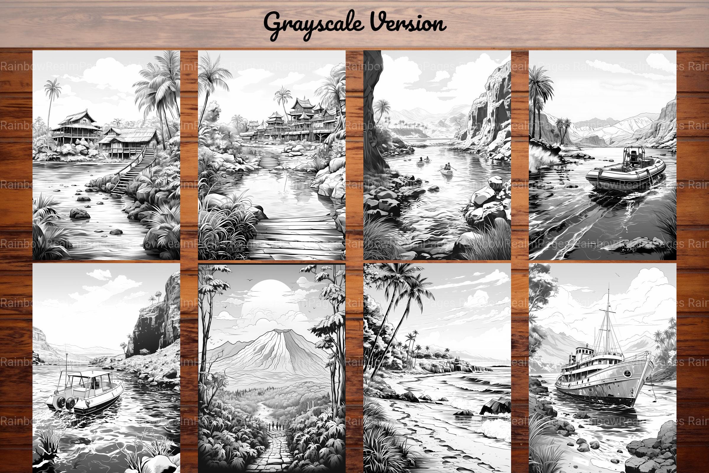 Hawaii Travel Coloring Pages for Adults and Kids 31 Geography Grayscale ...