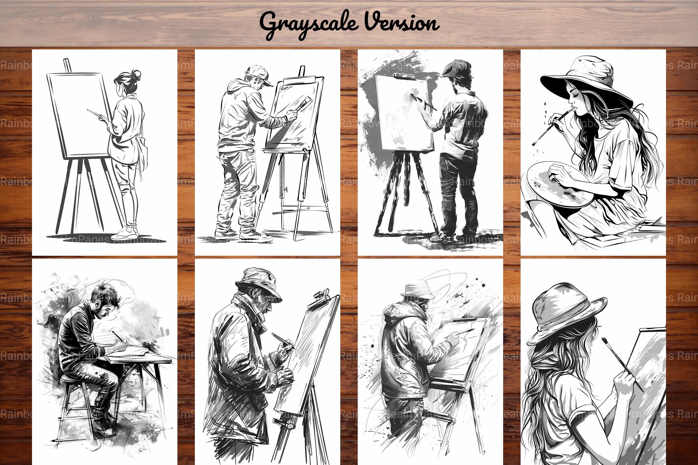 Artist Coloring Pages for Adults and for Kids - 61 Grayscale & Light ...