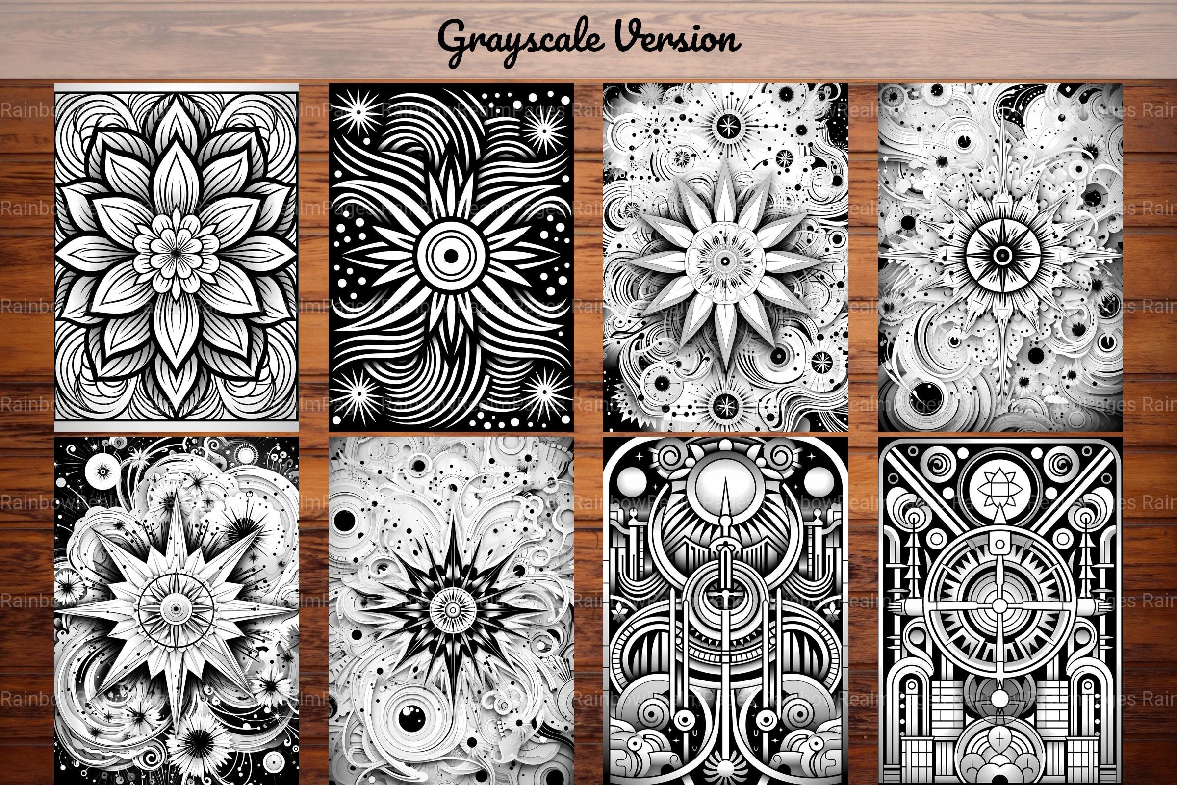 Cosmic Mandala Coloring Pages for Adults and for Kids - 50 Grayscale ...