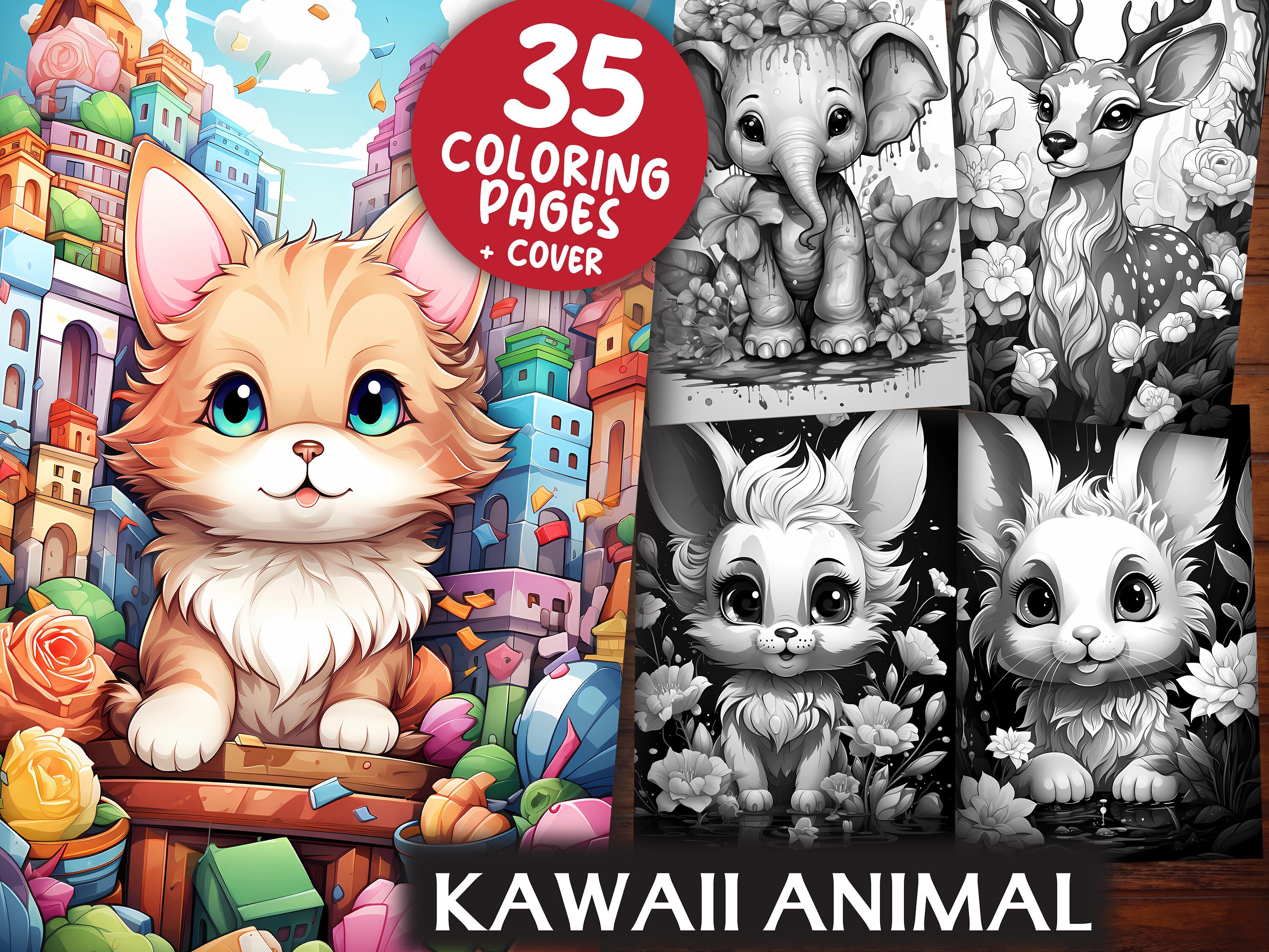 Kawaii Animal Coloring Pages for Adults and Kids 35 Animal Grayscale ...