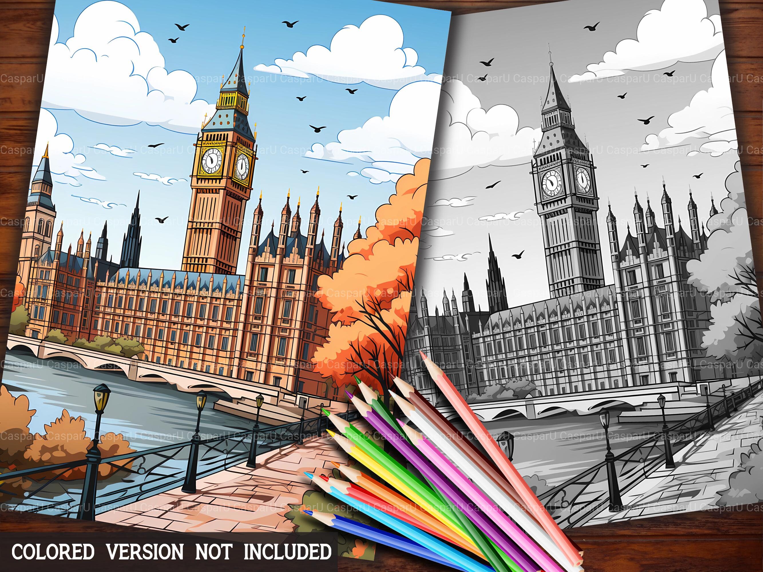 London Travel Coloring Pages for Adults and Kids 47 Geography Grayscale ...