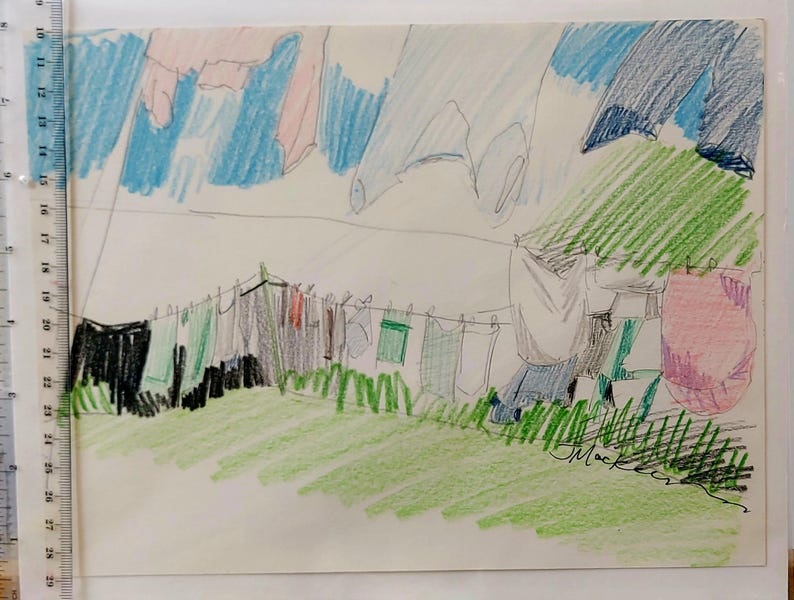 Coloured Pencil Sketch. 'washing Line'. Original Drawing on Paper. - Etsy