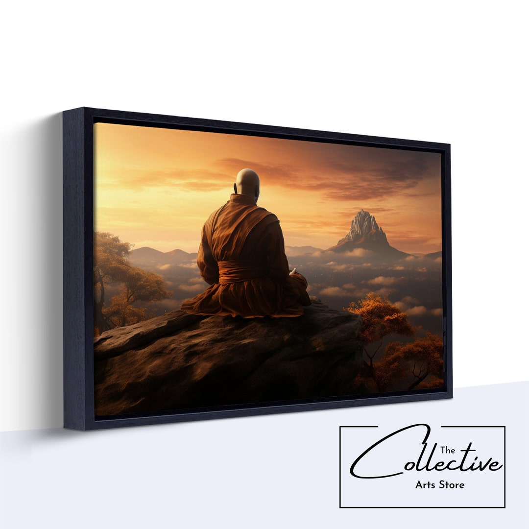Poster Meditating Monk Wall Art Zen Framed Canvas Meditation Portrait ...