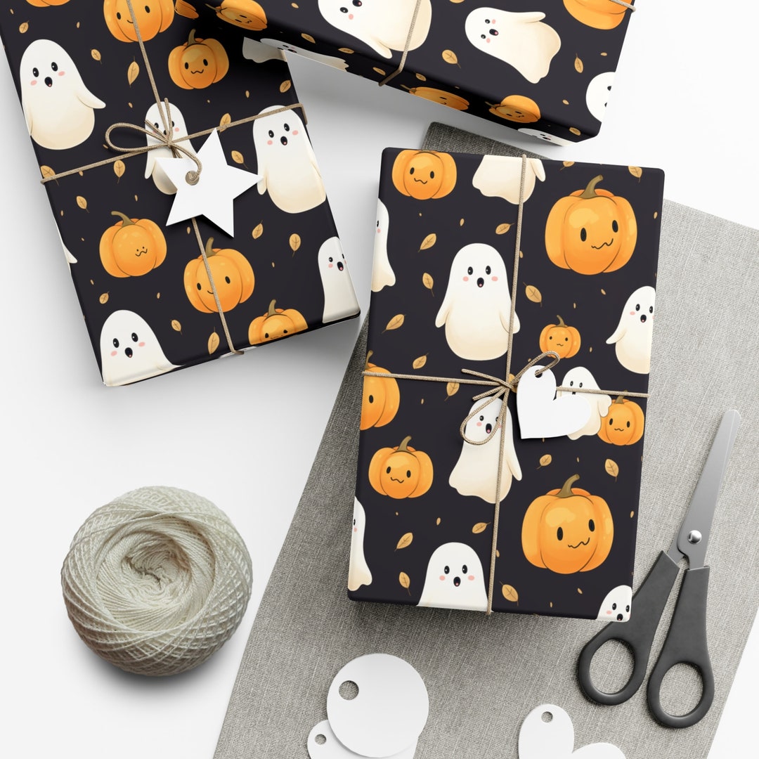 Halloween Pumpkin Wrapping Paper Cute Ghost Gift Wrap Halloween Ghost ...